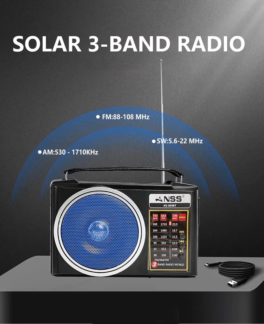 NSS solar radio FM/AM/SW3 band radio with USB/TF music player and LED light comes with 18650 ...