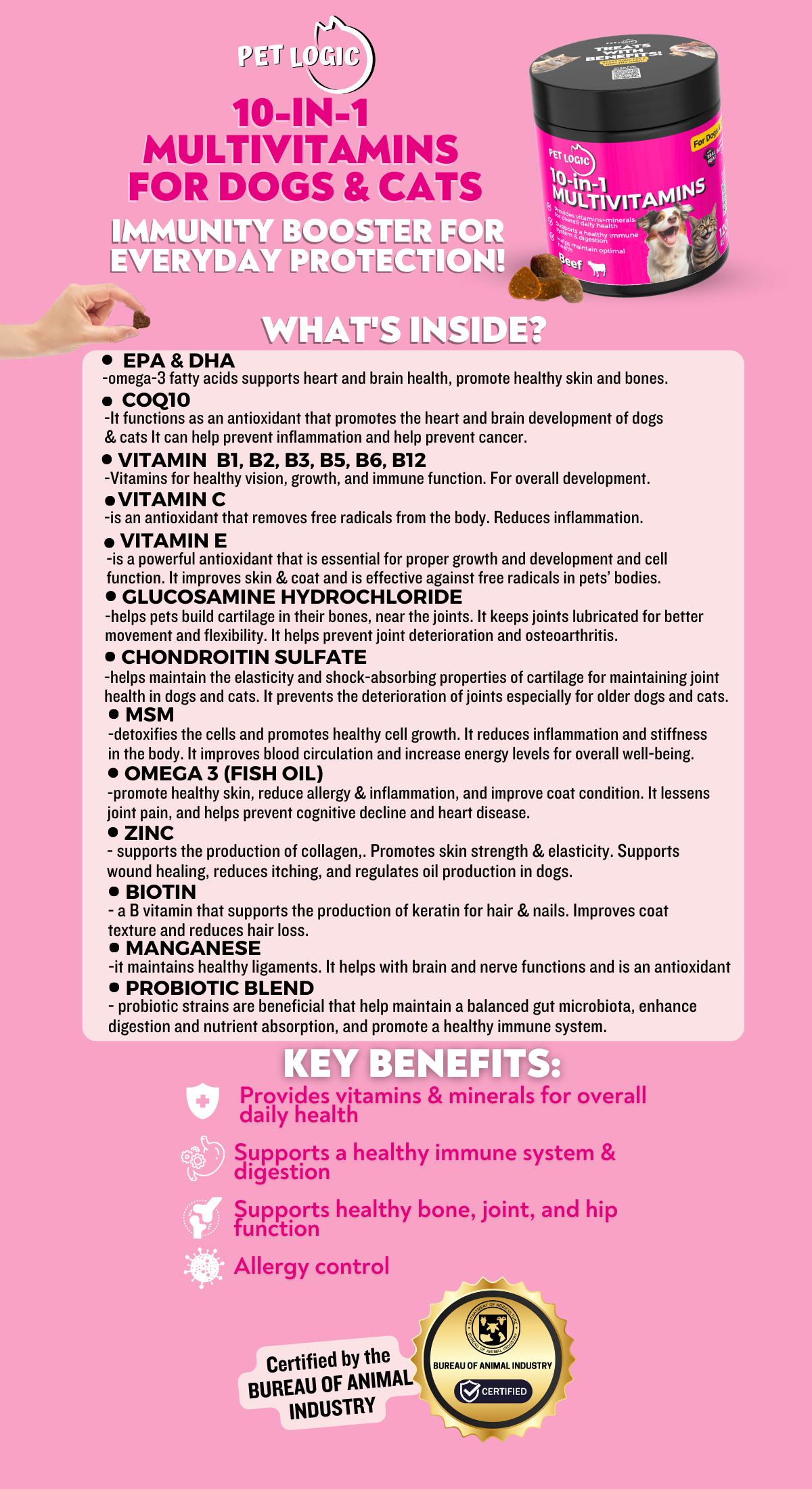 Pet Logic 10-in-1 Multivitamins 240g Dog & Cat Treats Supplement Pet ...