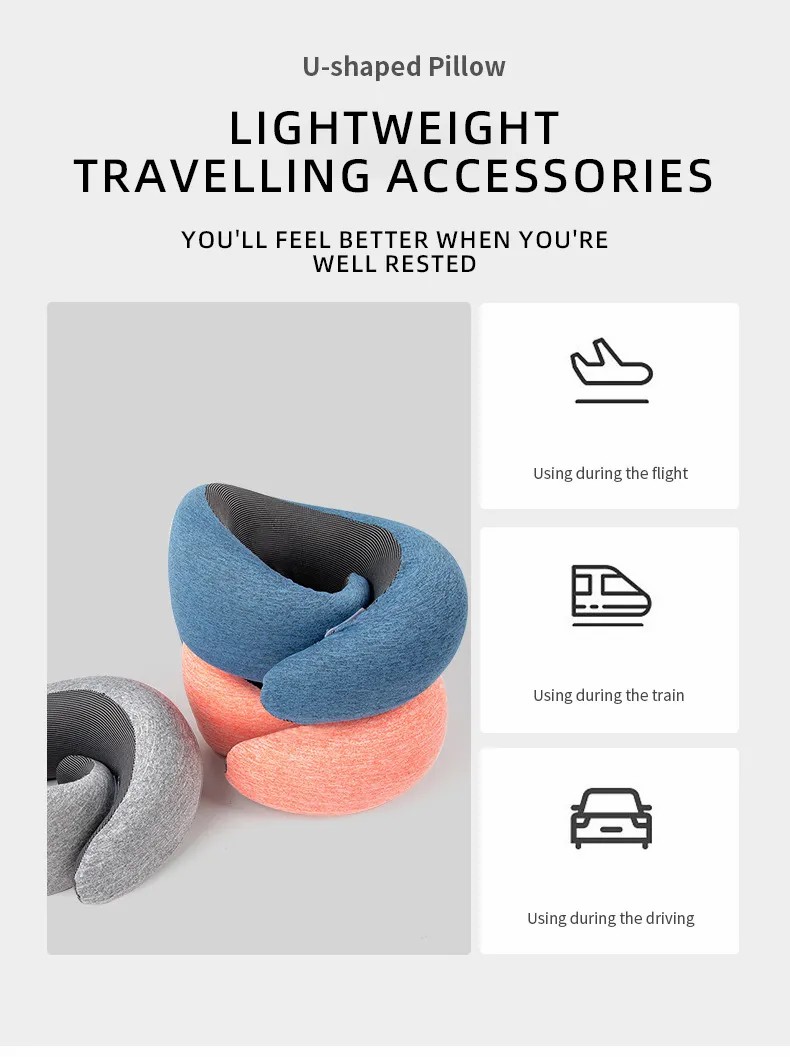 Memory Sponge Travel U-Shaped Pillow Portable Velcro Adjustable Size ...