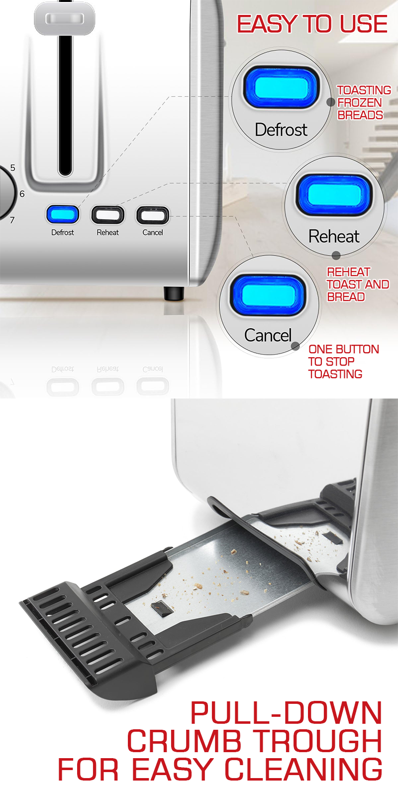 LAHOME 2-Slice Bread Bagel Toaster Automatic High-Lift Leve 7 Gear Warm ...