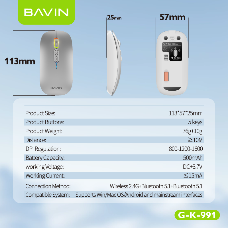 BAVIN K991 Triple Mode Wireless 2.4G w/ Bluetooth 5.1Mouse DPI 1600 for ...