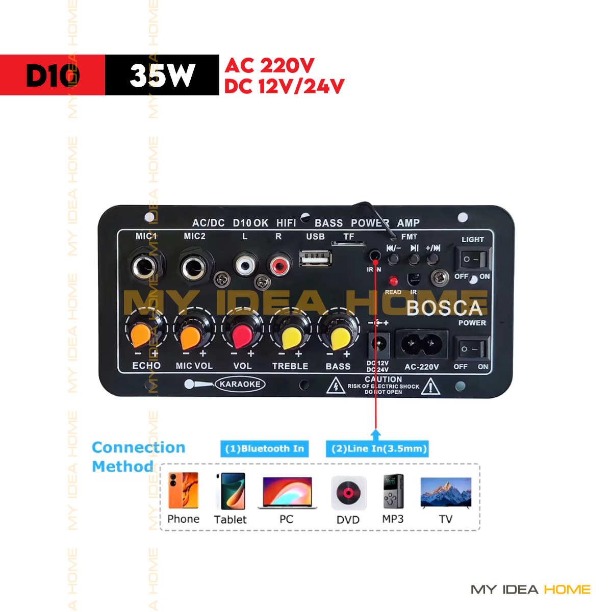 Bosca 35W HIFI Bass Power Amplifier Board AC220V DC12V/24V Dual Mic Car ...