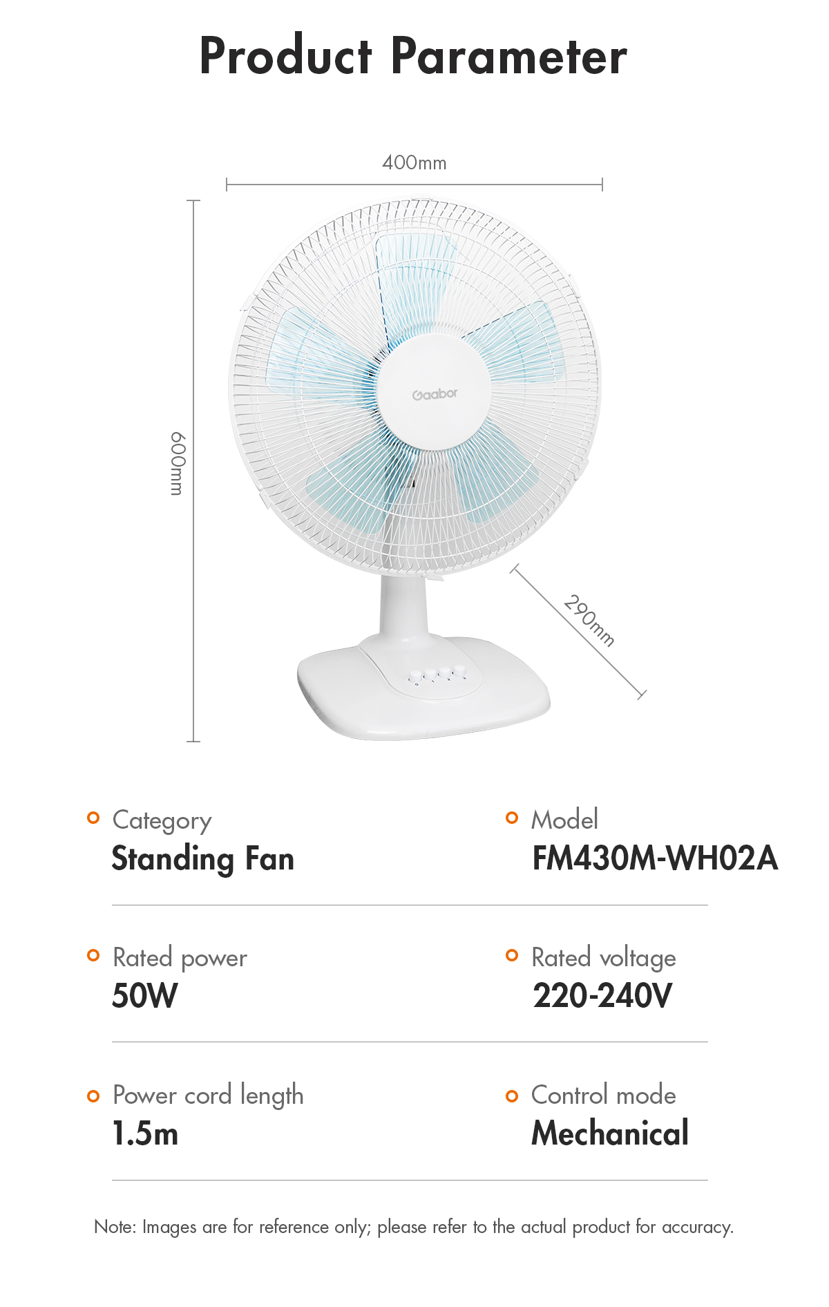 Gaabor Stand Fan 3 Wind Levels Wide Range Airflow Noise Deduction 5 ...