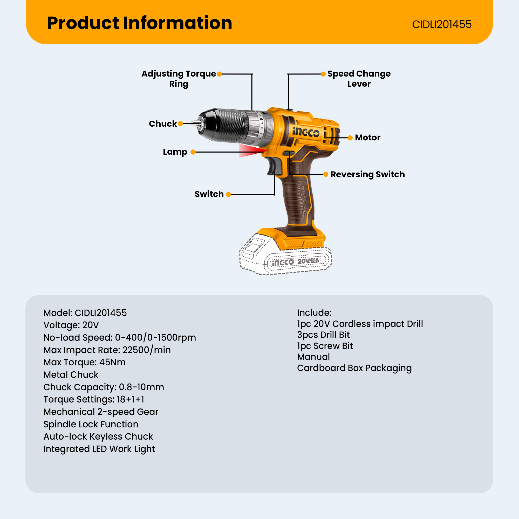 Ingco 20V Lithium-Ion Cordless Impact Drill (Battery and Charger Sold ...