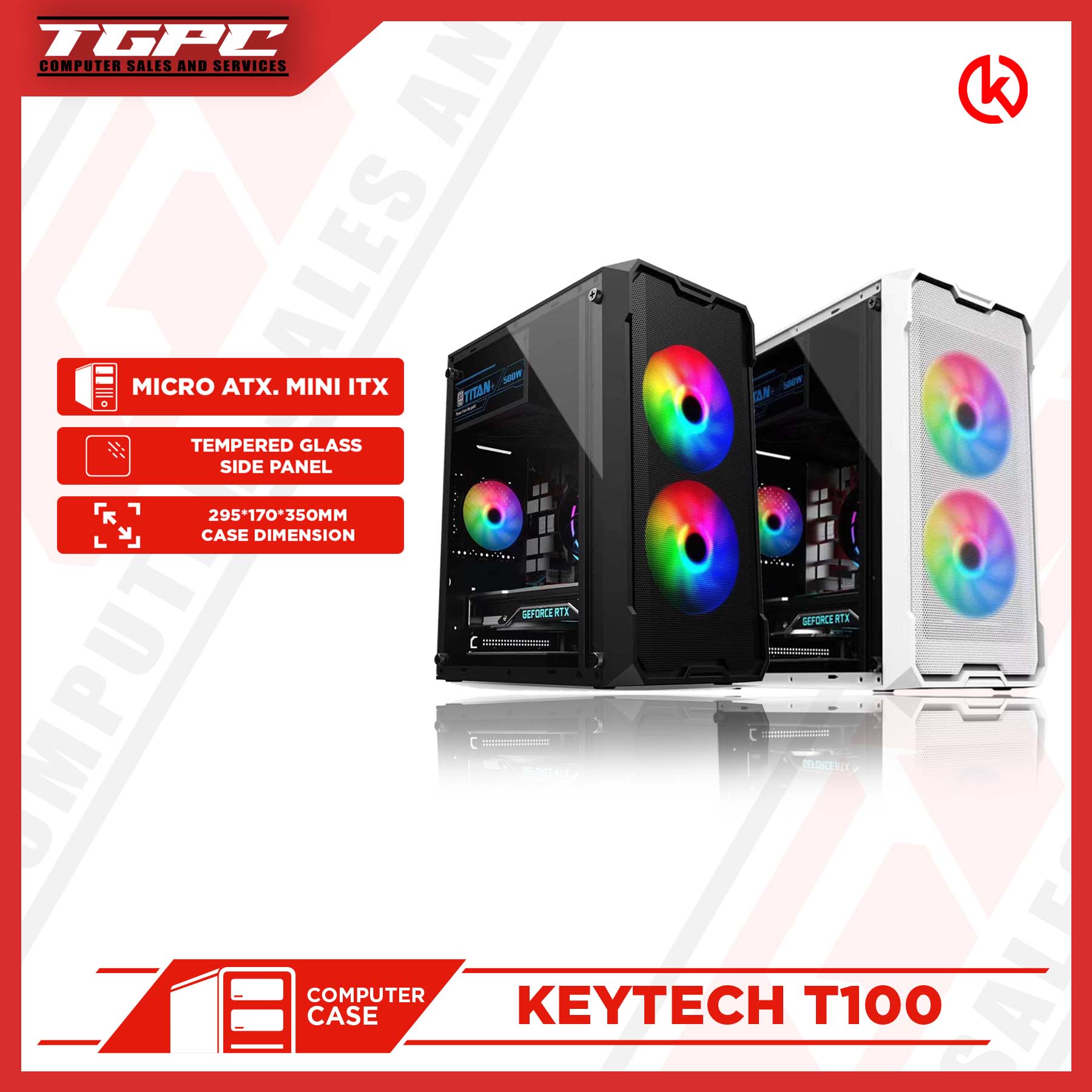 KEYTECH T100 TEMPERED GLASS Side MESH Front panel, Gaming PC Case Black ...