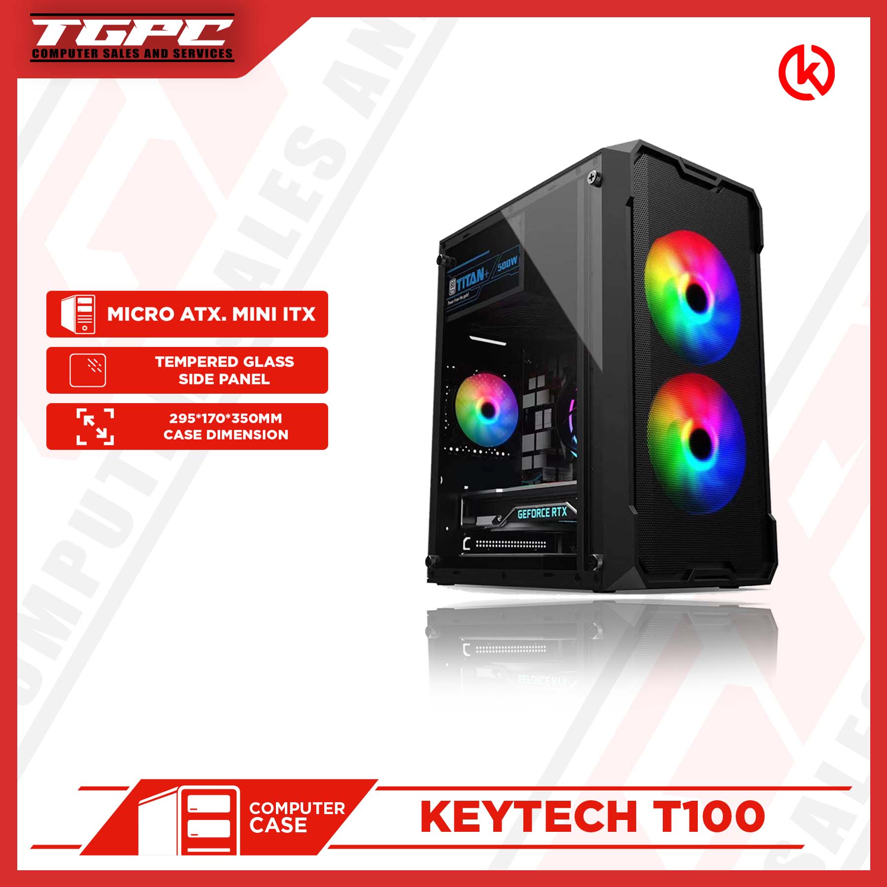 KEYTECH T100 TEMPERED GLASS Side MESH Front panel, Gaming PC Case Black ...