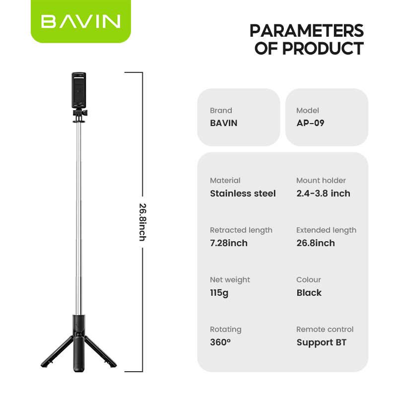 BAVIN P09 Portable Selfie Stick Monopod Tripod Stand W/ Bluetooth ...
