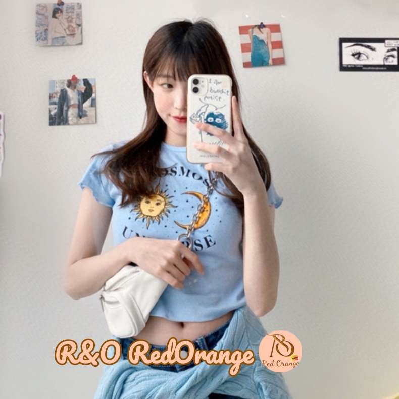 R&O Printed Butterfly korean Lettuce Cotton Spandex shirt tee basic RoundNeck croptop for women ...