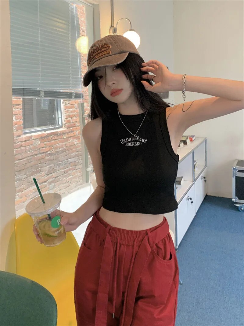 Korean Racer Back Crop Top for Women embroidered Knitted Korean Trendy ...