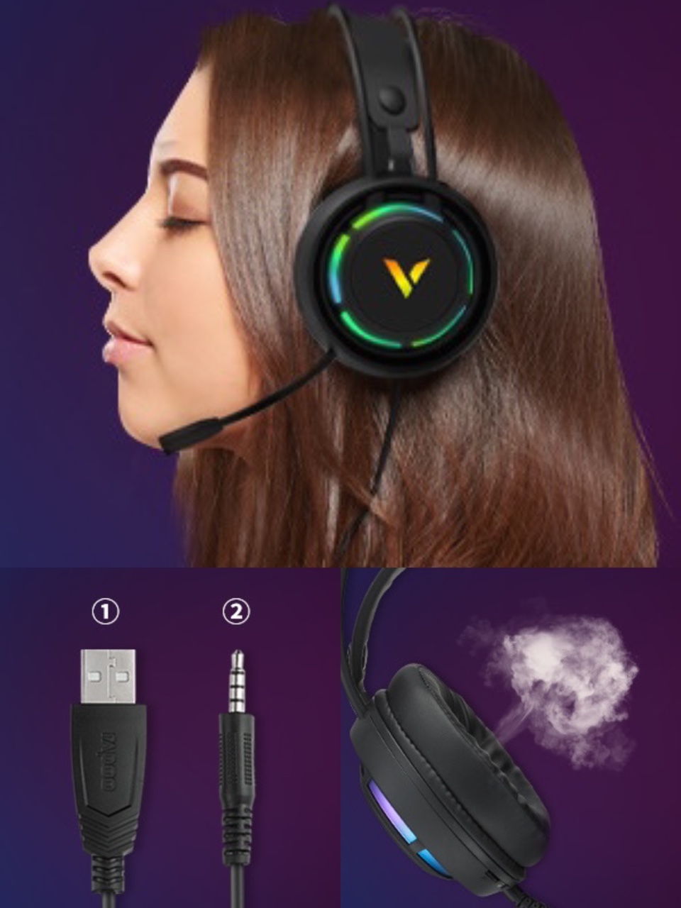 Rapoo VH110 RGB Gaming Headset with Mic 3.5mm Noise-Cancelling Wired Over Ear Headset with LED ...