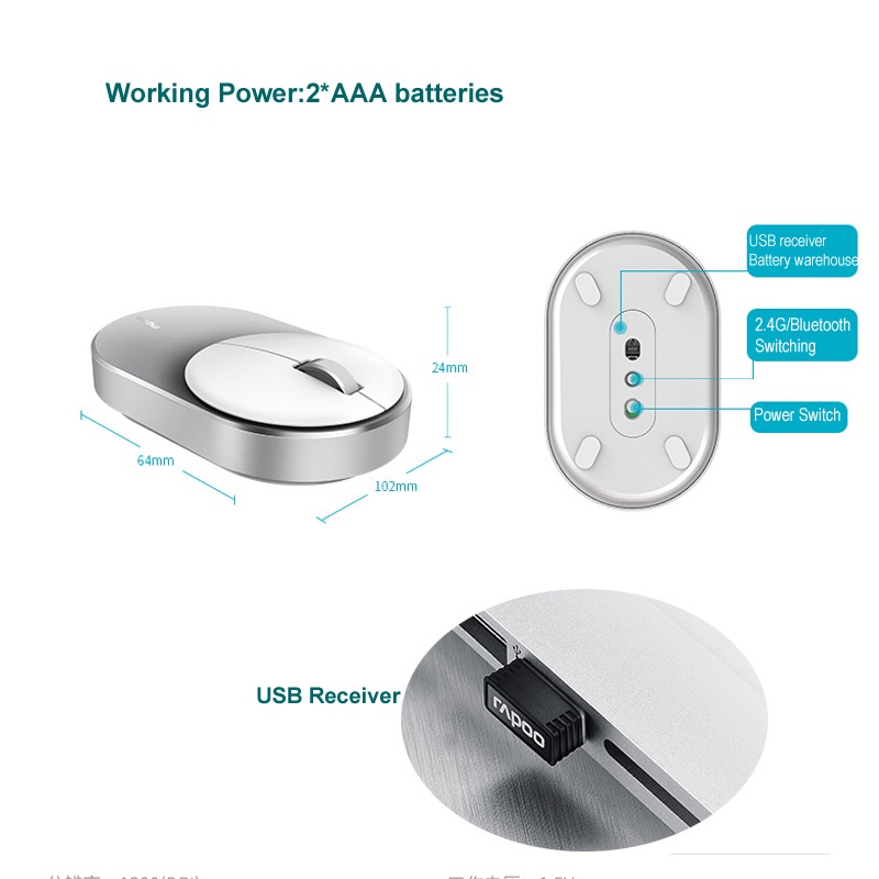 Rapoo M600 Portable Silent Wireless Bluetooth Mouse 1300DPI Optical Ergonomic PC Gaming Mouse ...