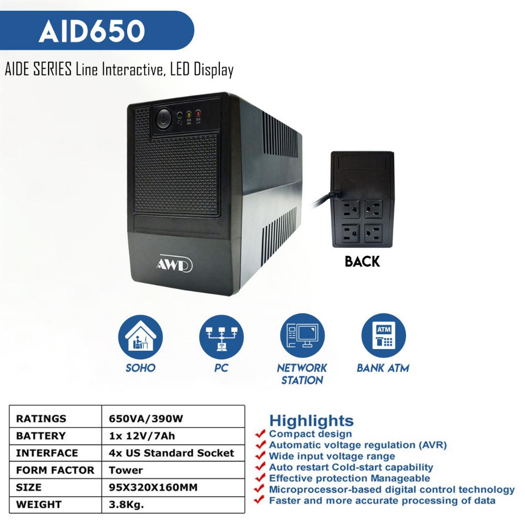Ipason AWP AID650 Aide 390W-650VA UPS with AVR Uninterruptible Power ...