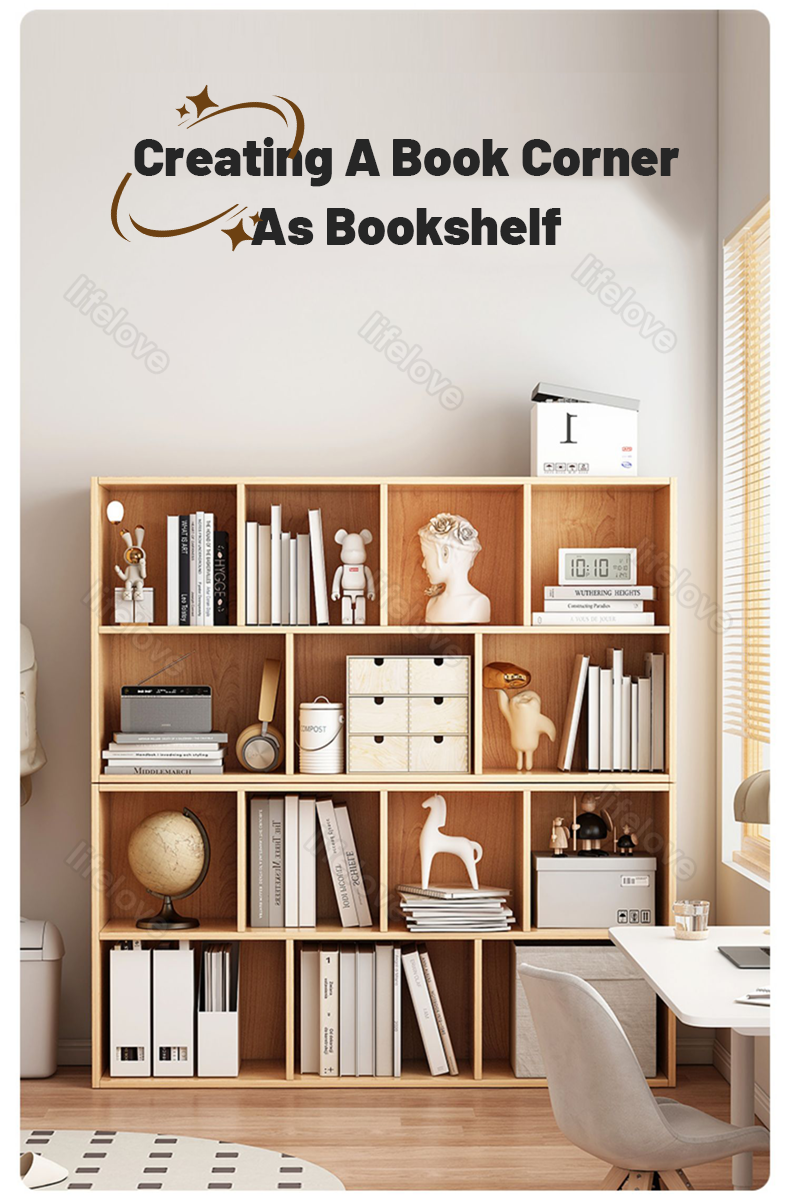 【With Backboard】Multifunctional Bookshelf Wooden Bookcase Storage Grid ...