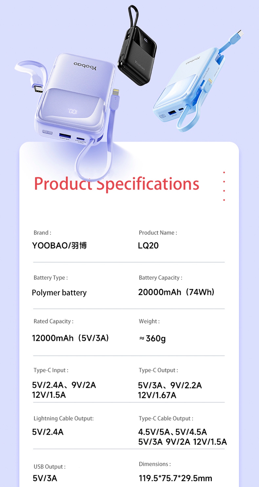 Yoobao Q18 20000mAh PD20W SCP22.5W Built-in Cable Multifunction Power ...