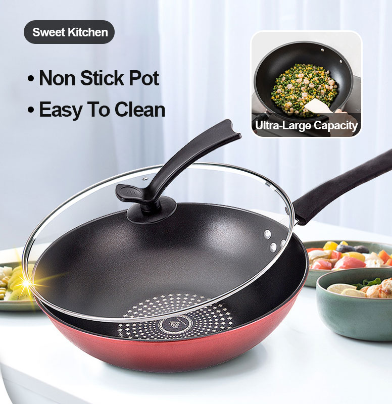 32CM Non Stick Pan with Cover Composite Diamond Coating Wok Stir-fry Pans Kitchen Frying Pan ...