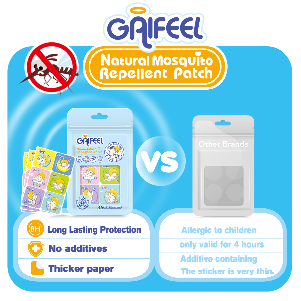 GAIFEEL Baby 36 PCS Mosquito Patch Natural Mosquito Repellent Patch Up to 8 Hours 6X6PATCHES ...