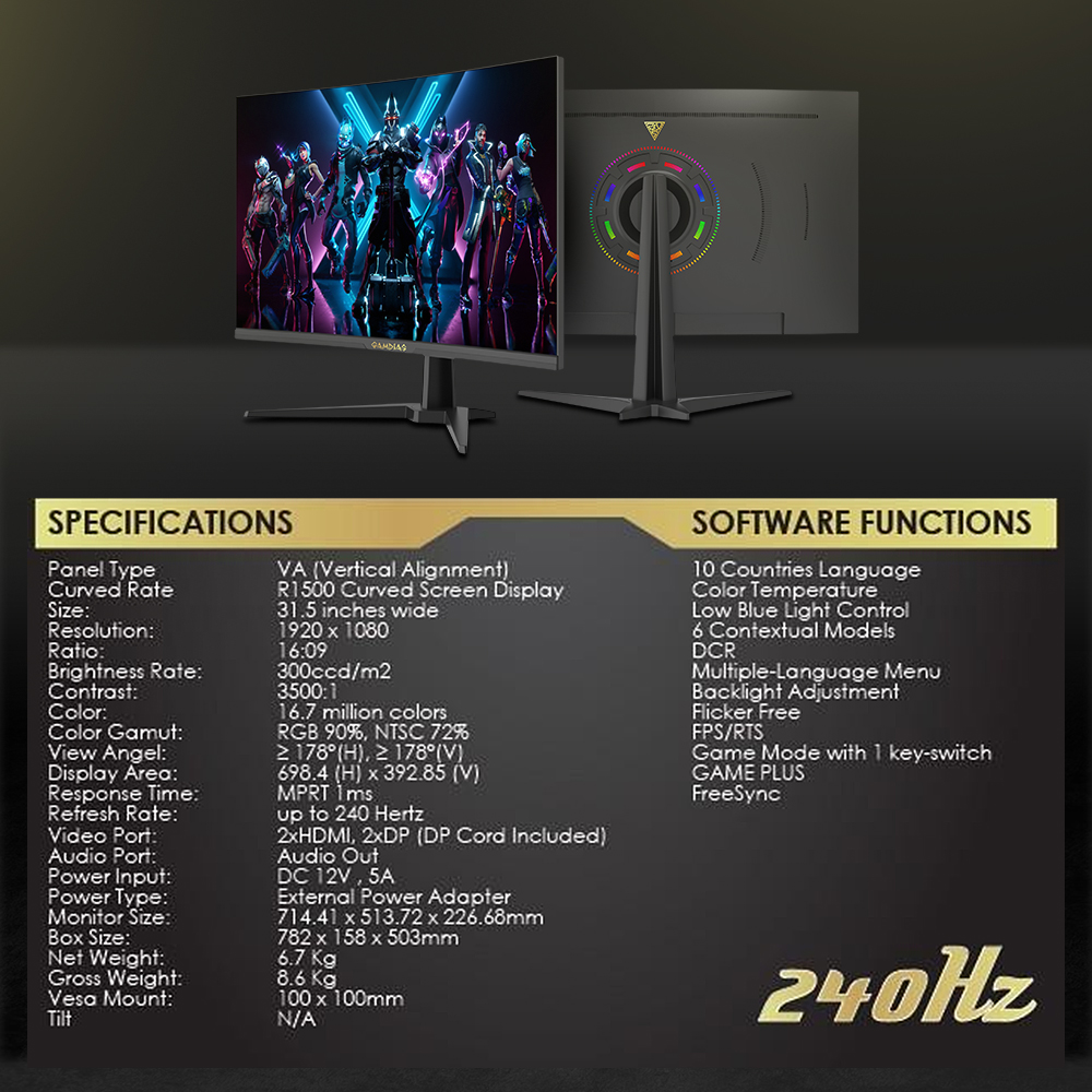 EasyPC| GAMDIAS ATLAS Q32VC/DHD32C Curved Gaming Monitor| 31.5 inch| VA ...