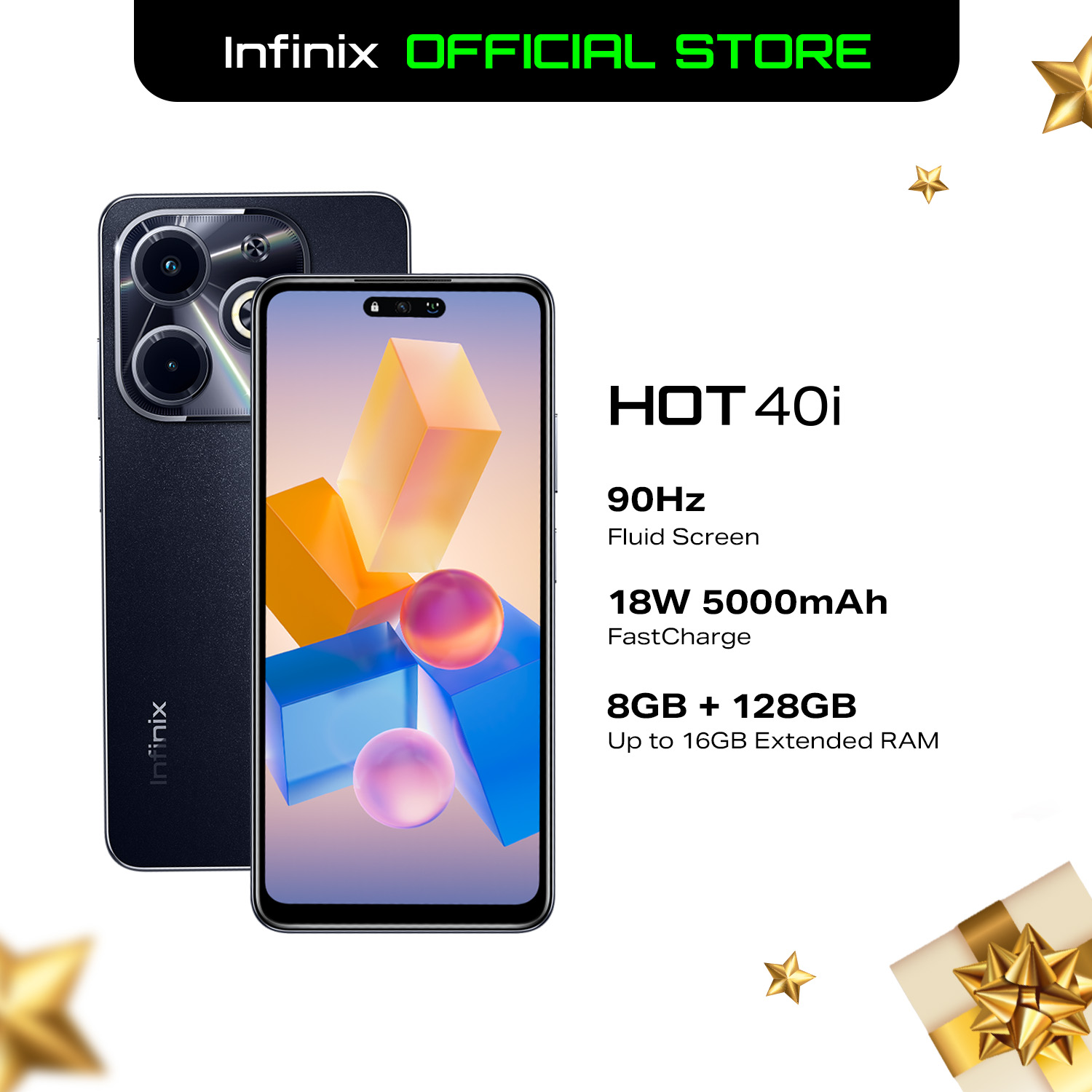 Infinix Hot 40i, up to 16GB [8+ 128GB], 6.56" HD+ 90hz Display, (1 year ...