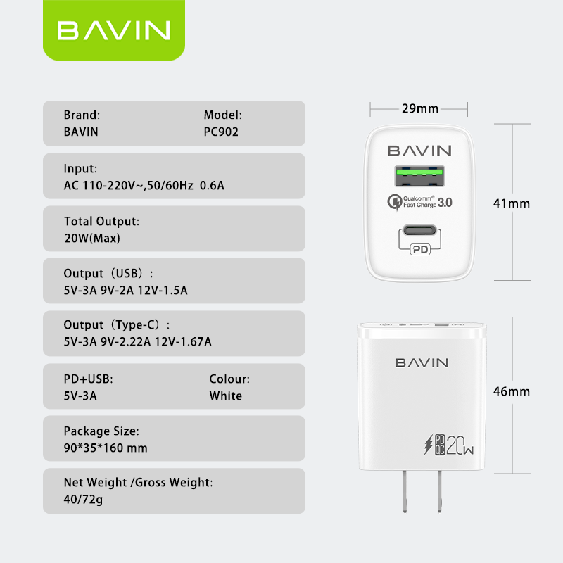 BAVIN PC905 / PC902 PD20W+QC3.0 Fast Charging Charger Adapter Dual Port ...