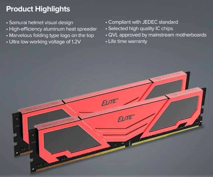 Teamgroup Elite Plus 8GB(1x8) DDR4-3200 CL22 Desktop Memory RAM (Red ...