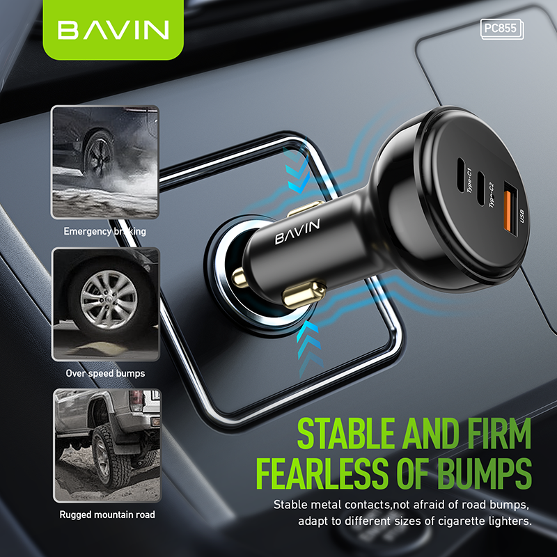 BAVIN PC855 105W Fast Charging Car Charger W/ 3 Input Port Charging Dual TYPE-C and 1 USB Port ...
