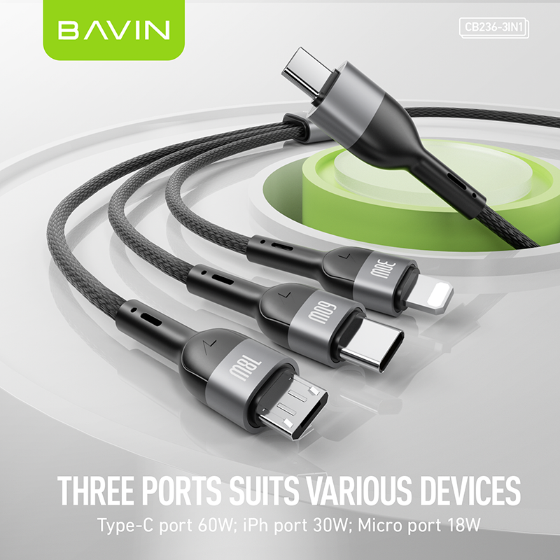 BAVIN CB236 60W 30W 18W 3 IN 1 Fast Charging Cable Nylon Braided Cable ...