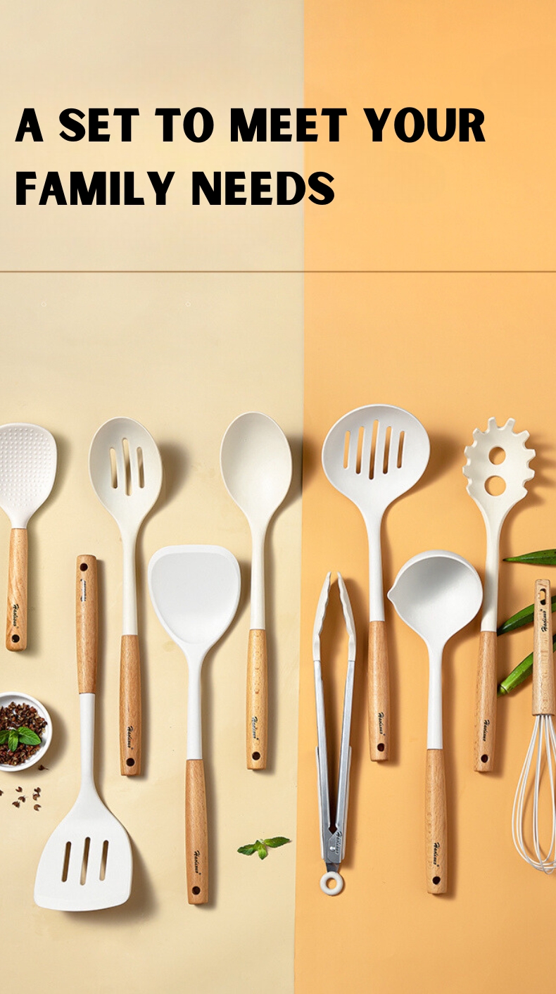 LOCAUPIN Non Stick Kitchen Utensil Cookware Silicone Wooden Handle ...