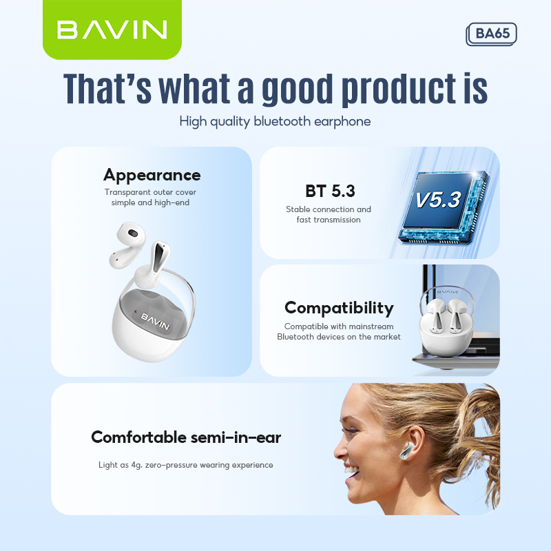 BAVIN BA65 Wireless Bluetooth Earphone Hi-Fi Audio Sounds Built-In ...
