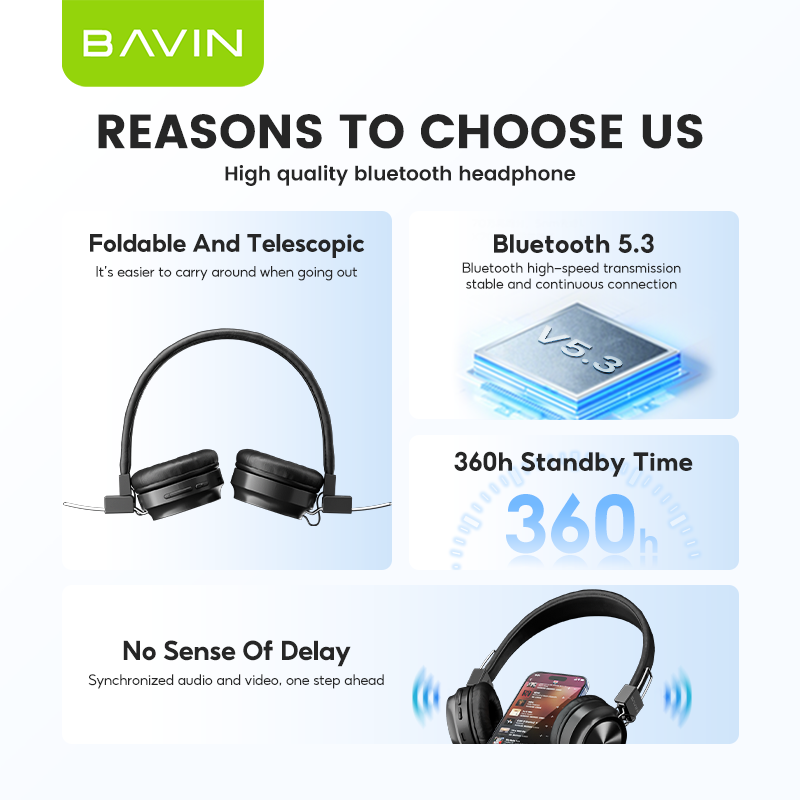 BAVIN BH38 High Bass Bluetooth Wireless Headphone Built-In Microphone ...