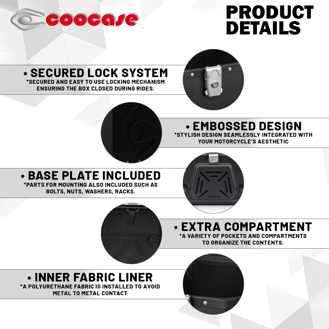 COOCASE ALUMINUM TOP BOX W/ EMBOSSED LOGO 32L / HEAVY-DUTY ALLOY REAR TAIL BOX W/ INSULATED BAG ...