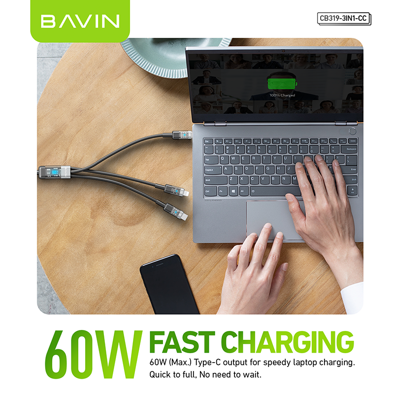 BAVIN CB319 60W PD Fast Charging Cable 3 in 1 Type-C / USB Nylon ...