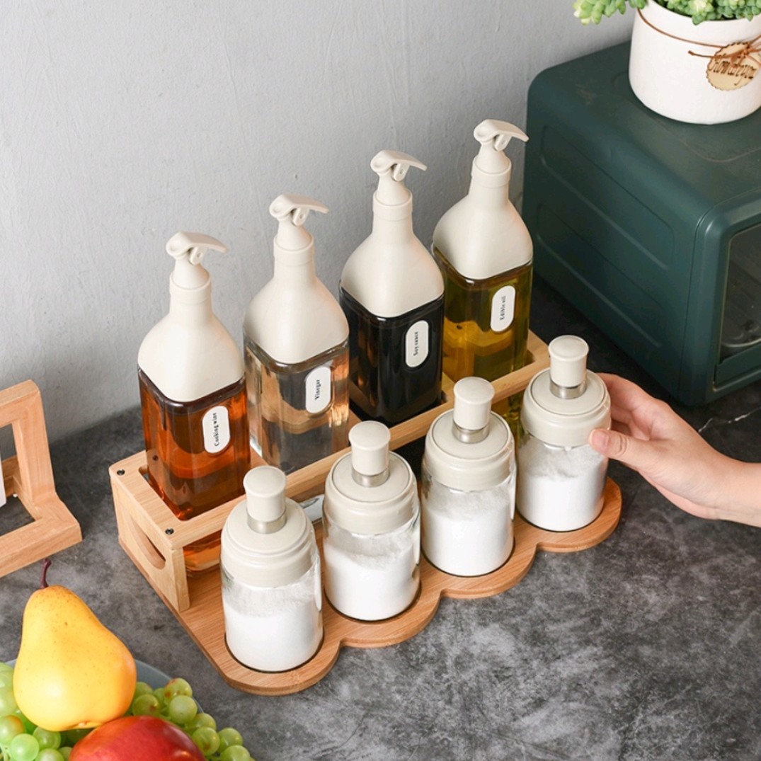 Cream Kitchen Glass Oil Bottle Seasoning Bottle Set with Wooden Rack ...