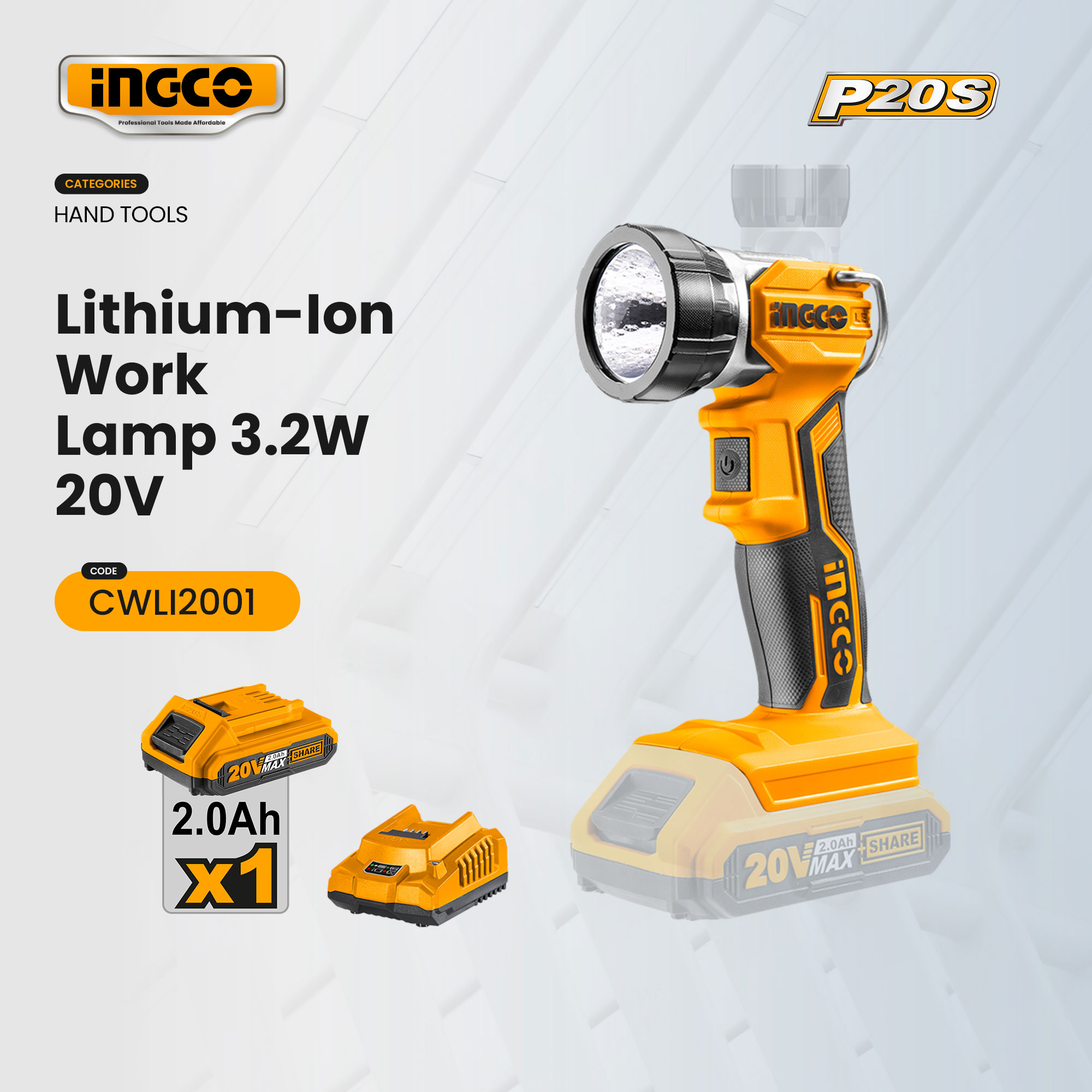 Ingco 20V Lithium-Ion Cordless Work Lamp Flashlight 3.2W P20S CWLI2001 ...