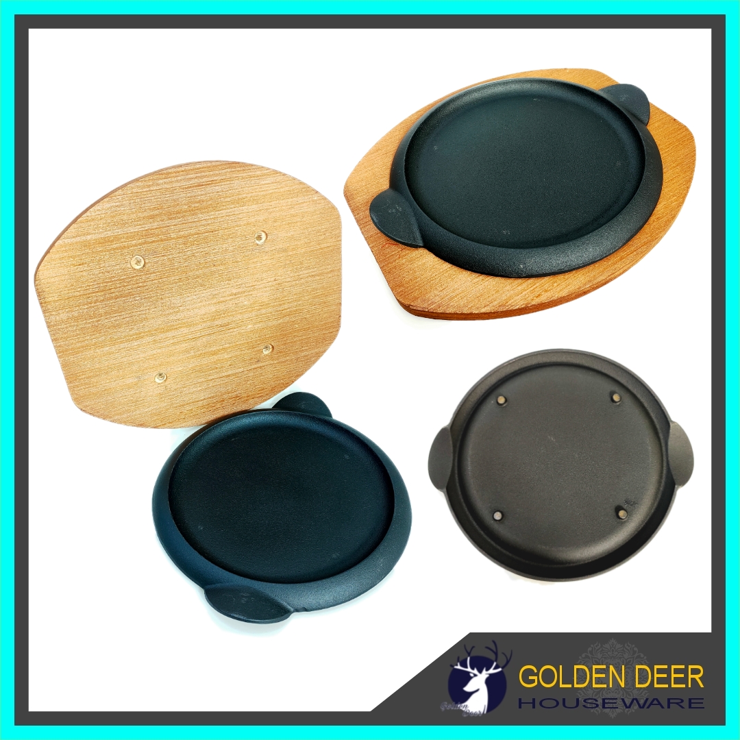 SIZZLING PLATE IN CAST IRON WITH WOODEN BASE MULTI SHAPE SIZE SIZZLING ...