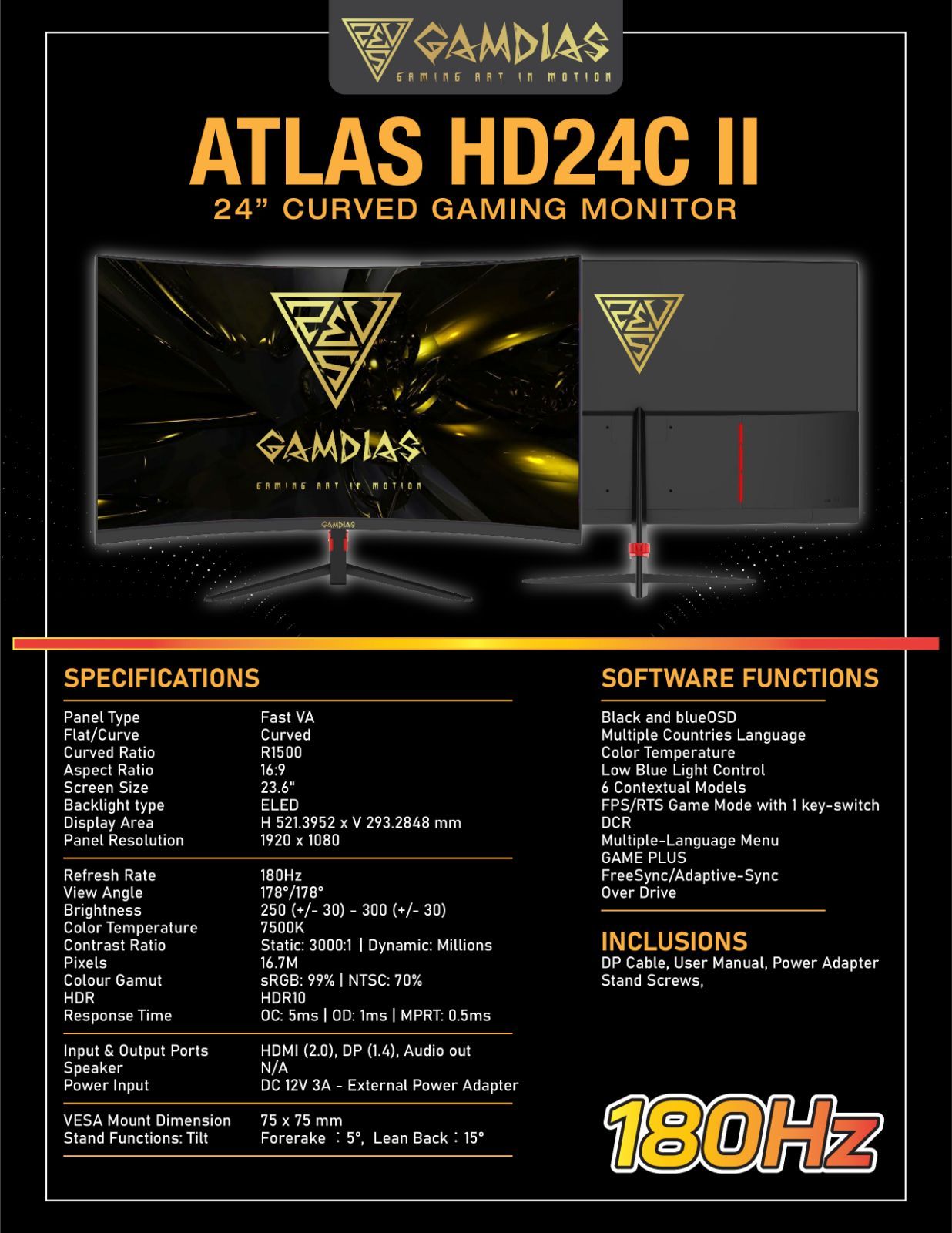 Itw | Gamdias Curved Gaming Monitor 24" 180Hz / 1920x1080 FHD / VA ...