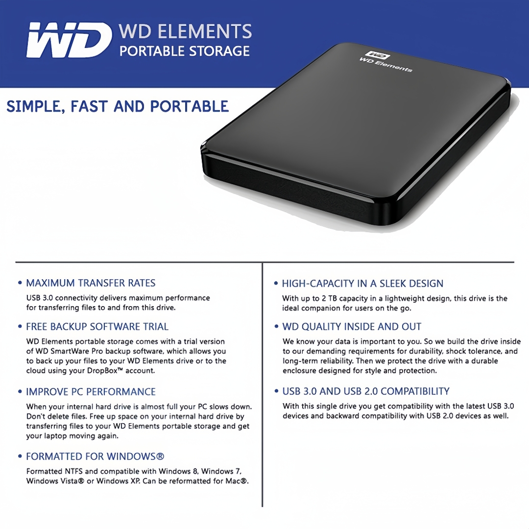 Western Digital Hard Drive Original 1TB 2TB External USB3.0 High Speed ...