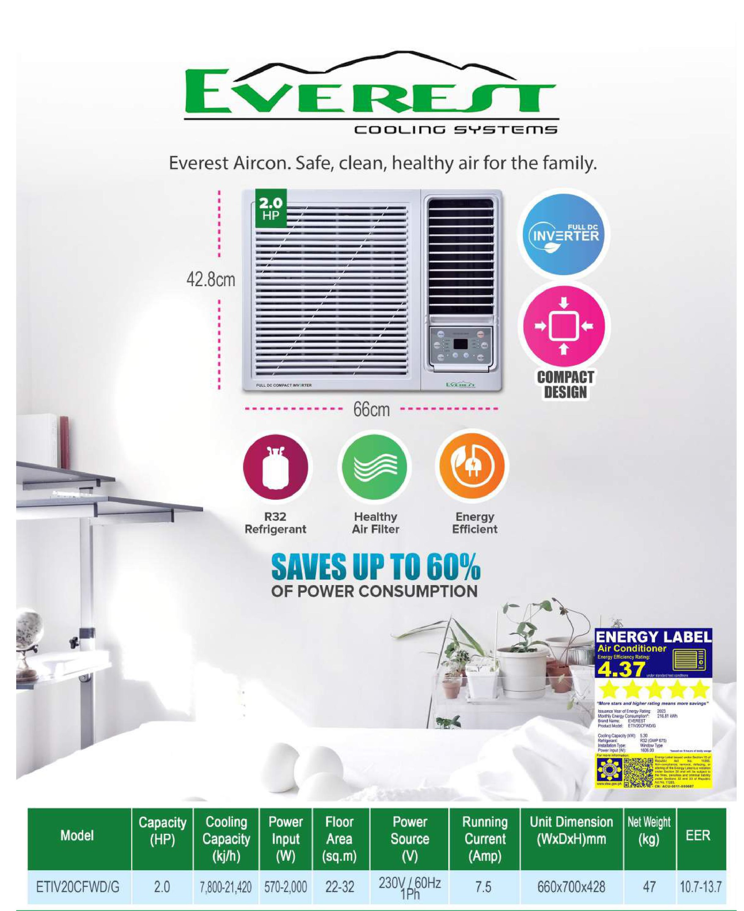 EVEREST 2.0HP Inverter Window Type Aircon/ Full Dc/ Compact Design ...