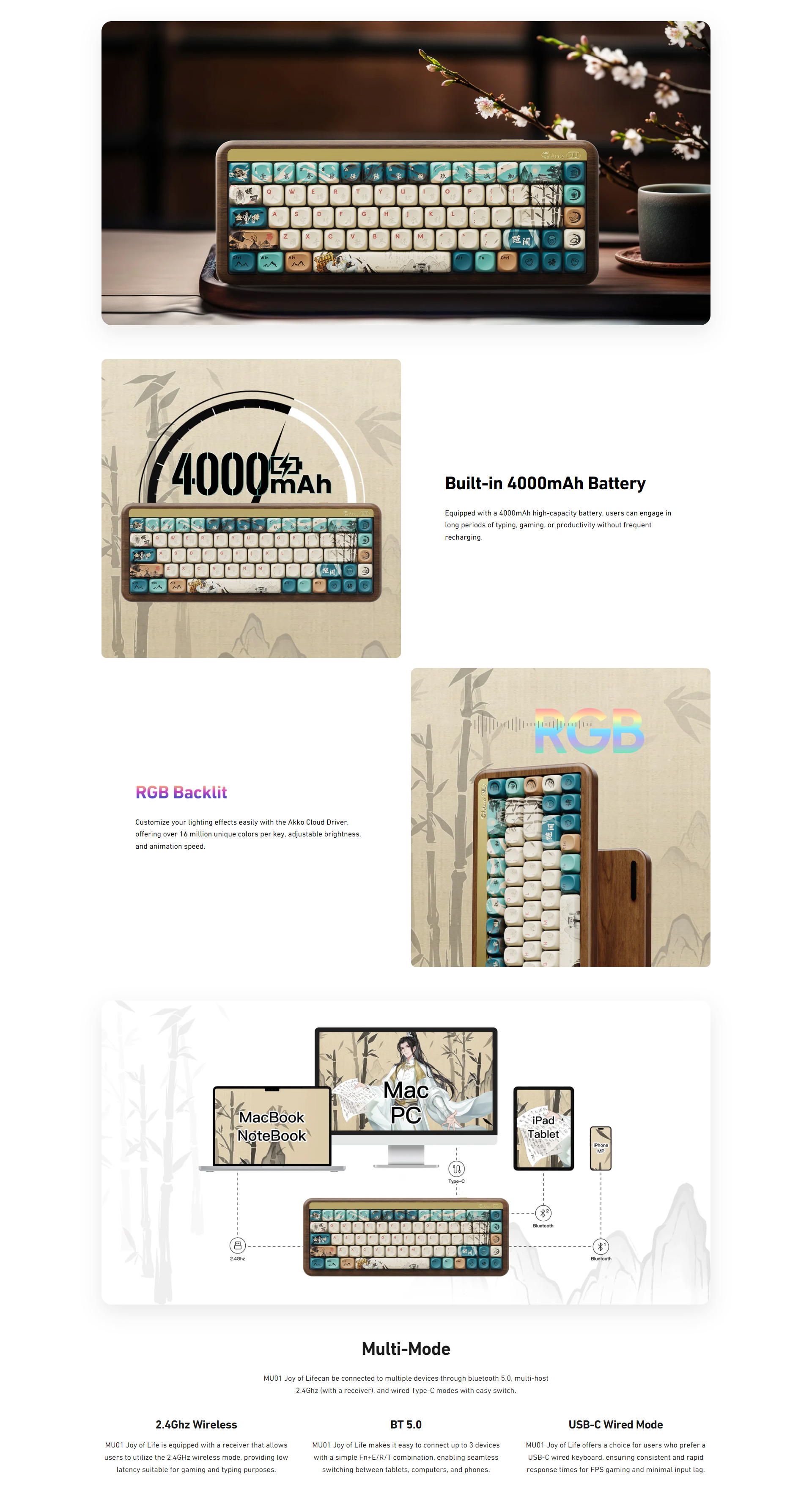 Akko MU01 Joy of Life Walnut Wood Case Multi-Mode RGB Hot-Swappable ...