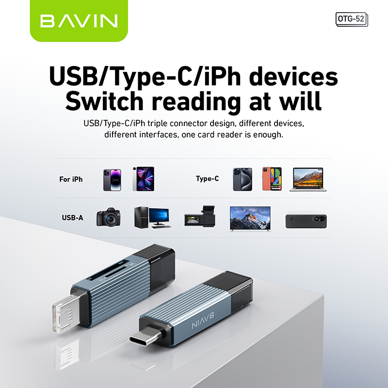 BAVIN O52 Multi-Function Card Reader 3 in 1 Type-C to USB 3.0 + iPh ...
