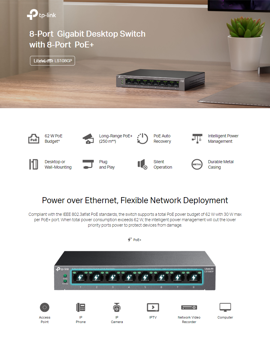 TP-Link LS108GP 8-Port Gigabit Desktop Switch with 8-Port PoE+ ...