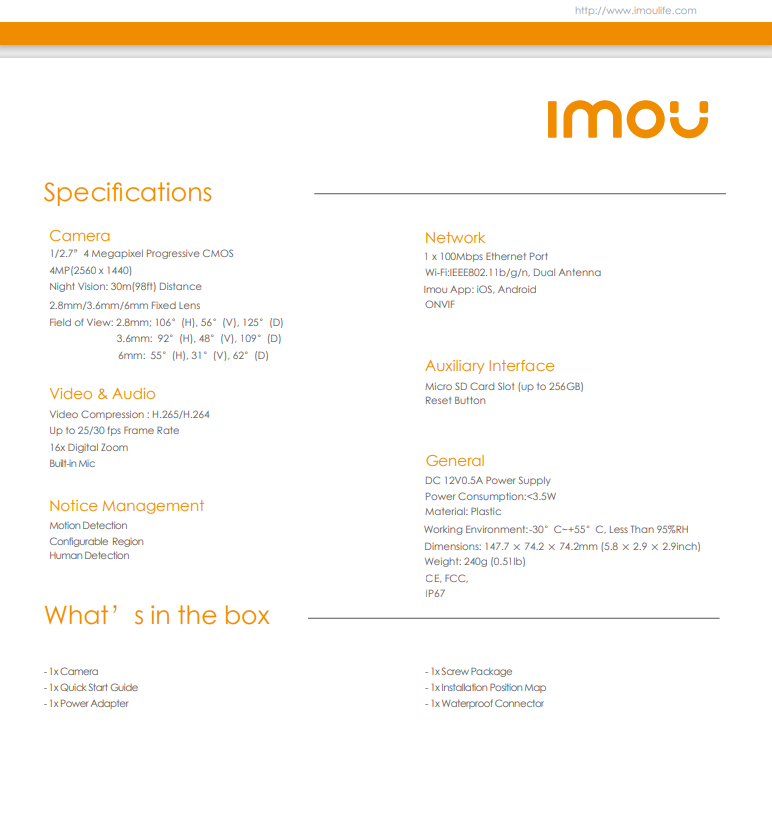 IMOU Bullet 2MP/4MP 2C, 2E 2K QHD CCTV Smart Monitoring WiFi Outdoor IP ...