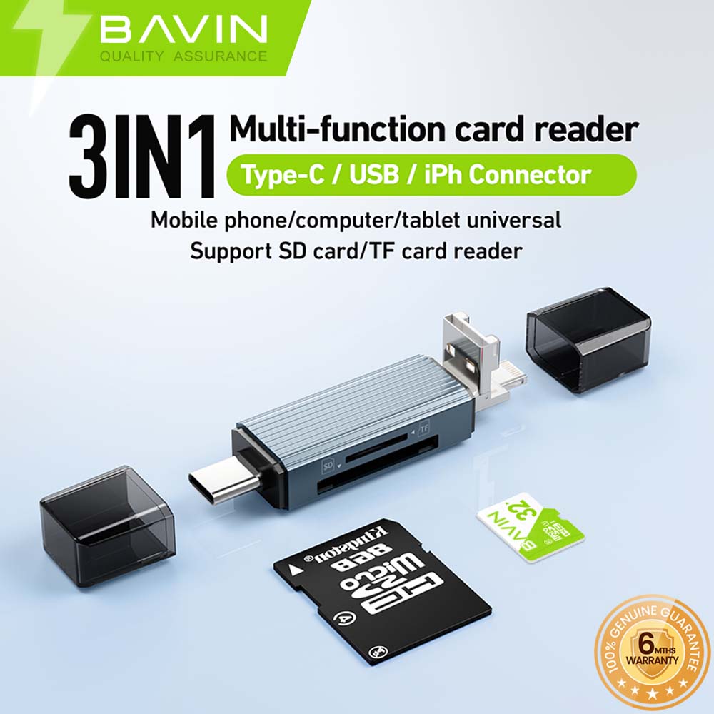 BAVIN O52 Multi-Function Card Reader 3 in 1 Type-C to USB 3.0 + iPh Connector w/ SD Card & TF ...