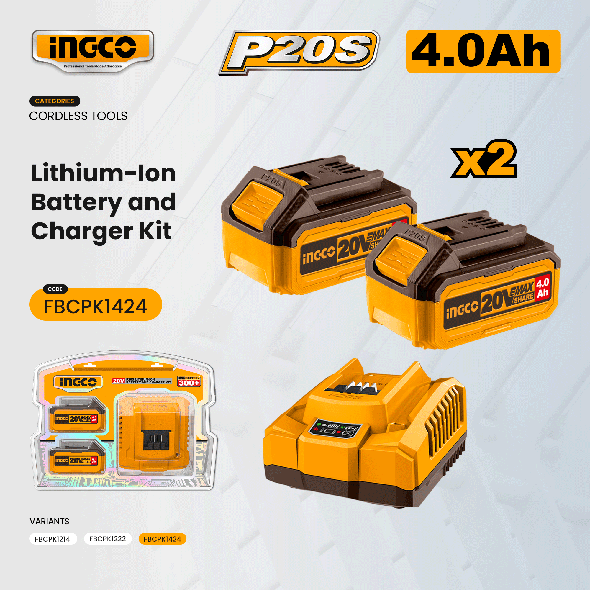 Ingco P20S Lithium-Ion 2.0Ah - 4.0Ah Battery and Charger Kit Set with ...