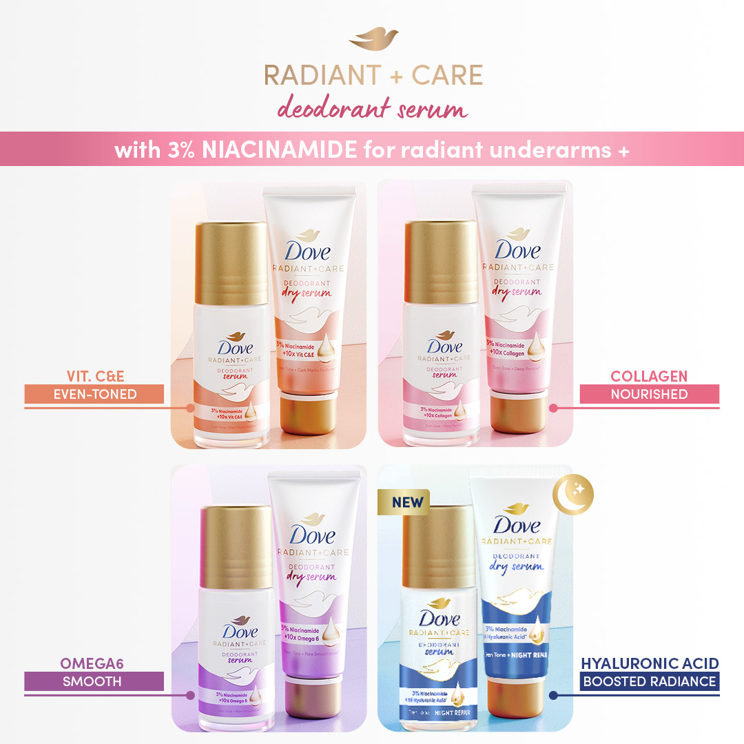Dove Radiant + Care Deodorant Dry Serum 3% Niacinamide x4 Hyaluronic ...