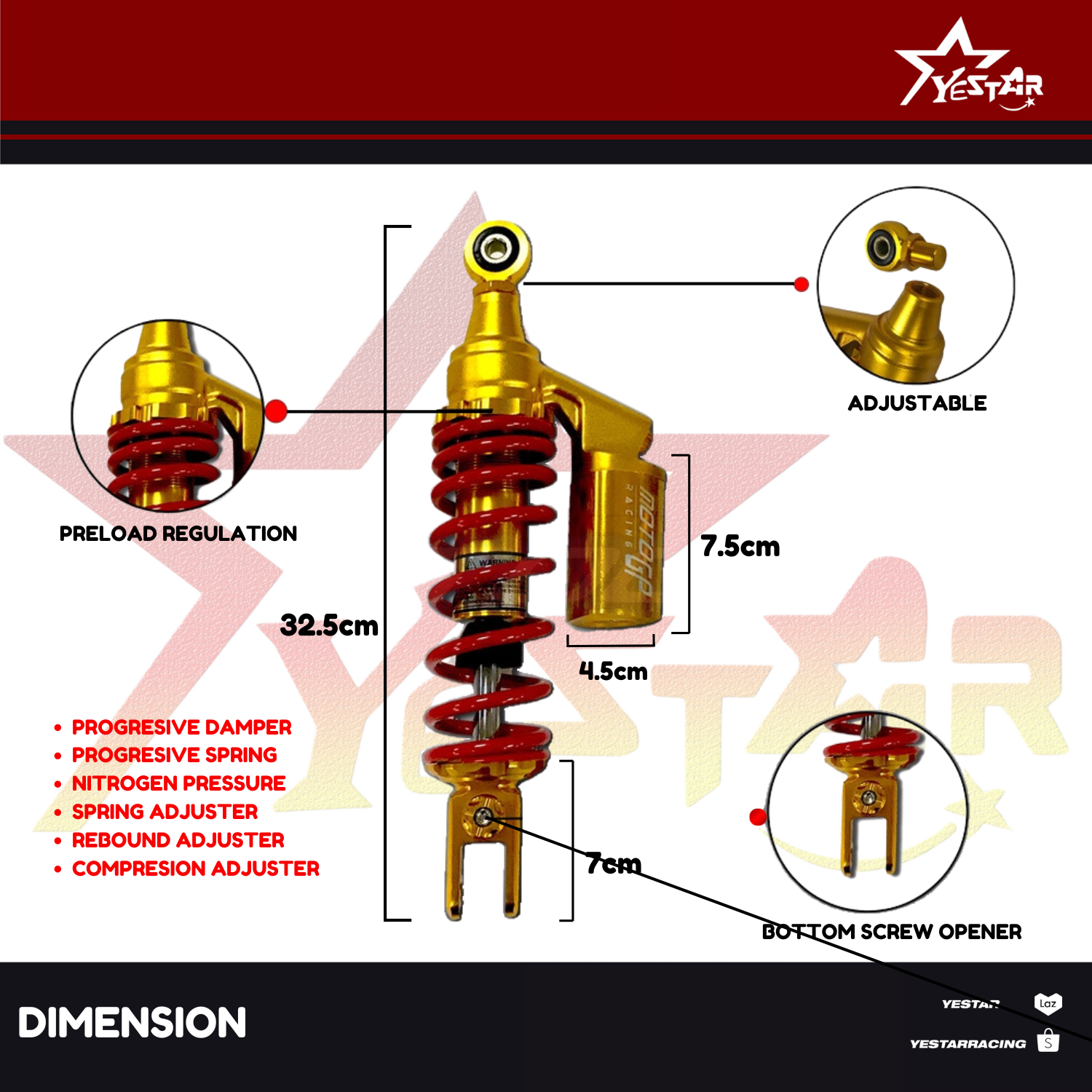 YestarRacing Universal 295mm Adjustable Dual Rear Shock Absorber for ...