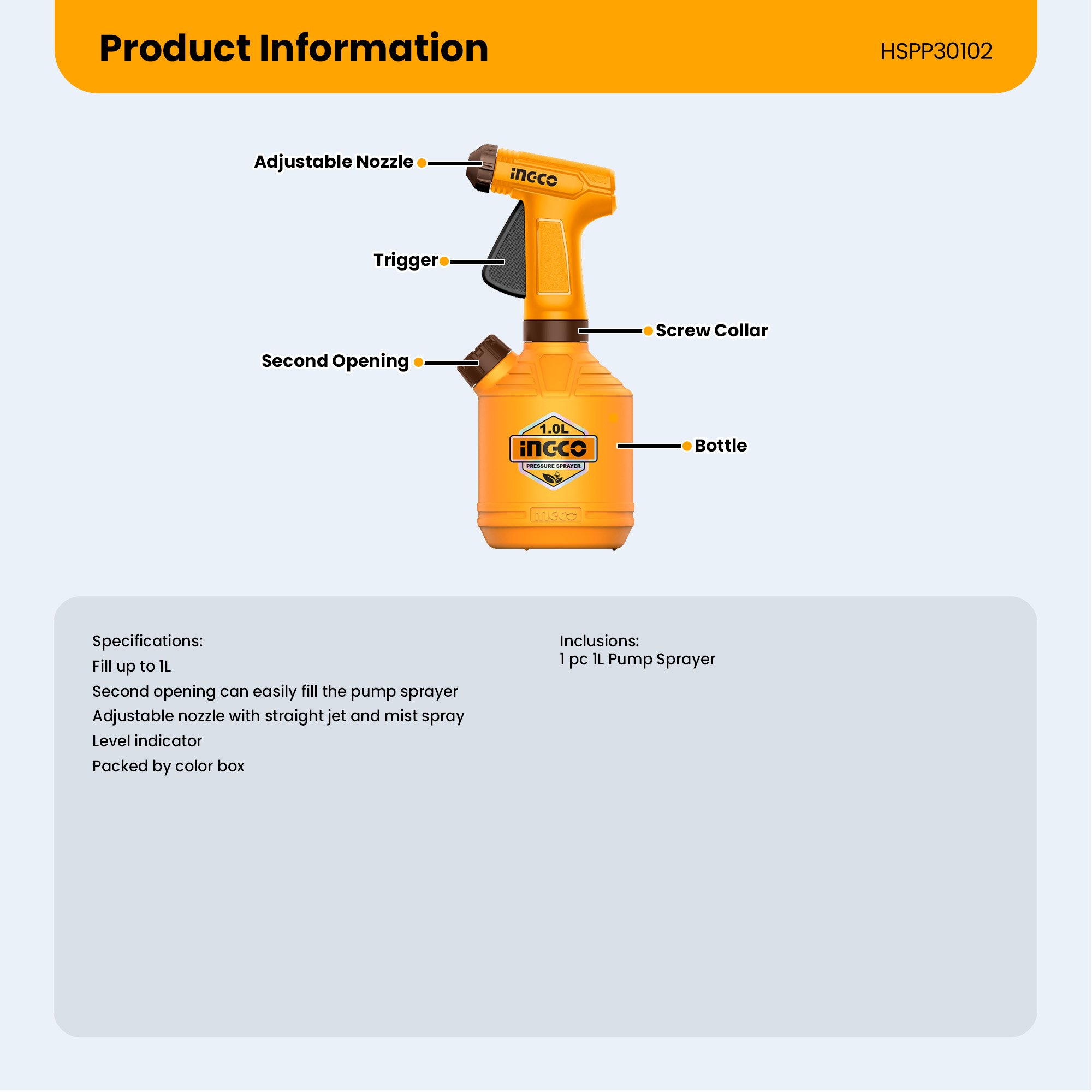 Ingco 1L Pump Sprayer With Straight jet /Mist spray Adjustable Nozzle Handheld Sprayer HSPP30102 ...