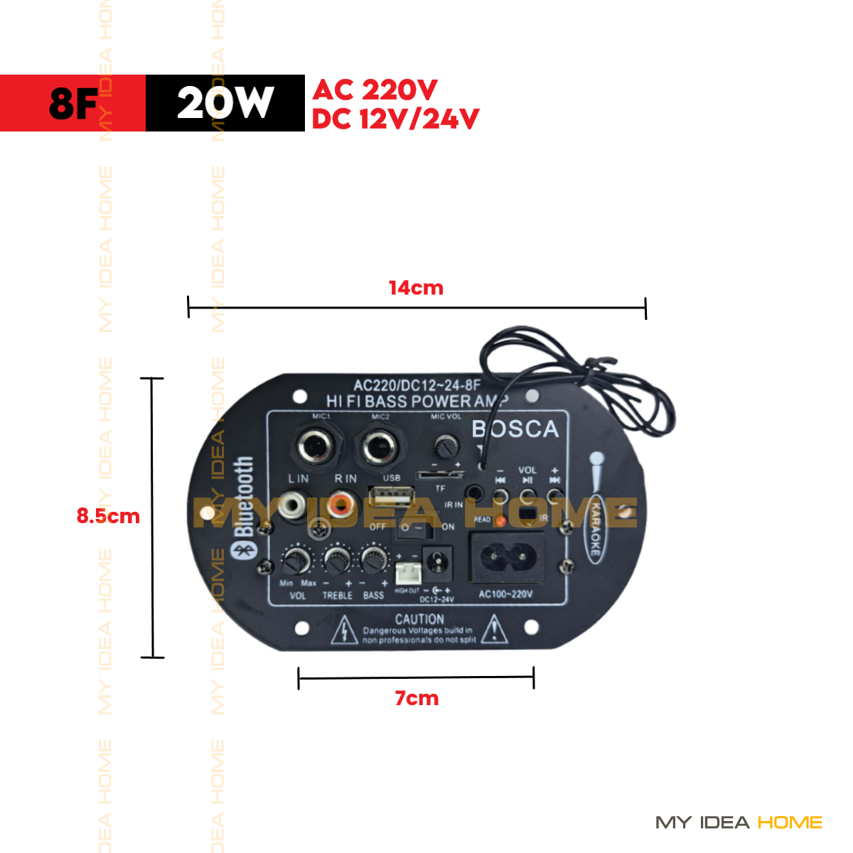 Bosca 20W HIFI Bass Power Amplifier Board AC220V DC12V/24V Dual Mic Car ...