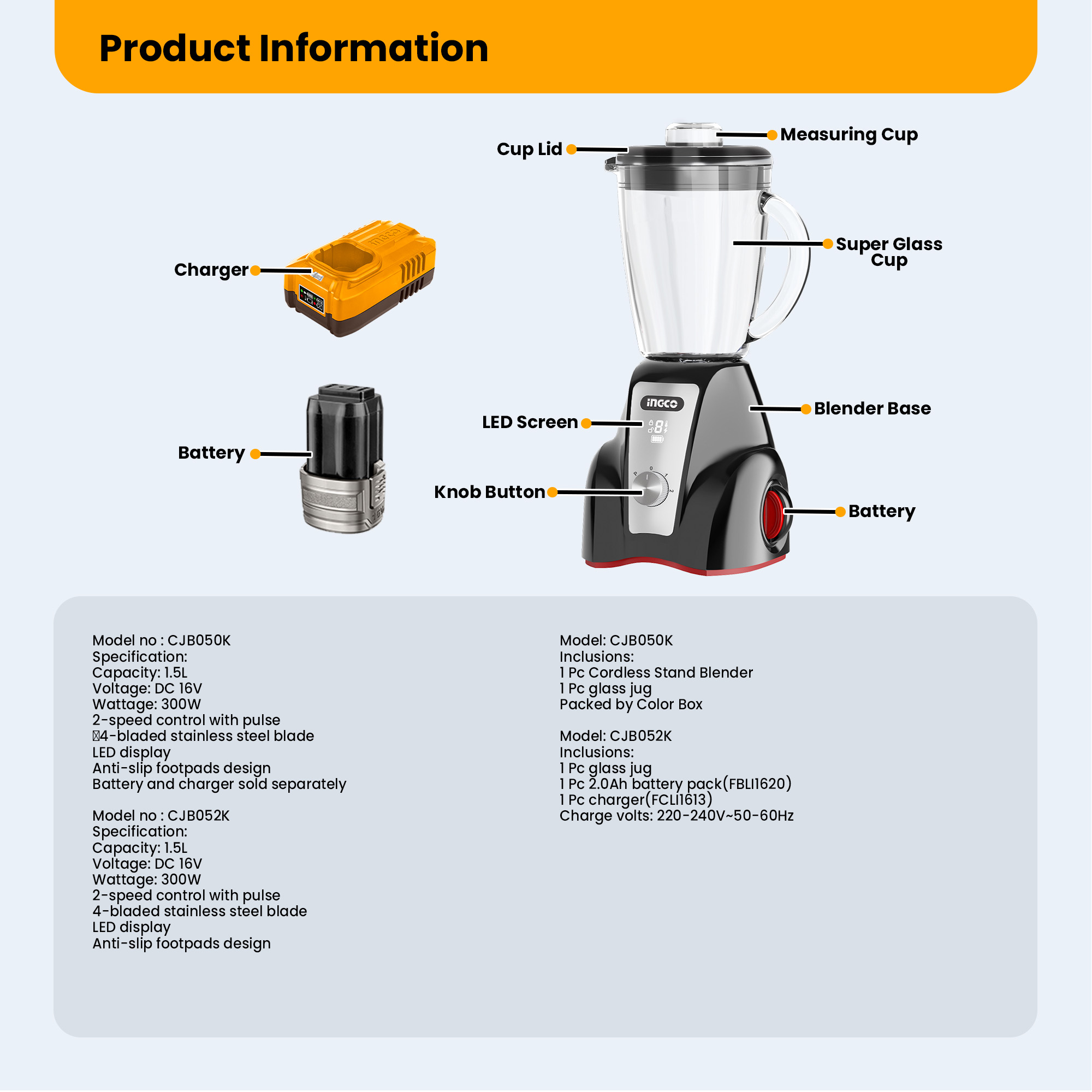 Ingco 300W Cordless 1.5L Stand Blender with 2 Speed Control and LED ...