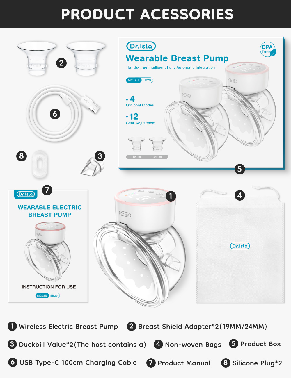 Dr.isla EB29 Breast Pump Wearable Electric Hands-Free 4 Modes 12 Levels ...