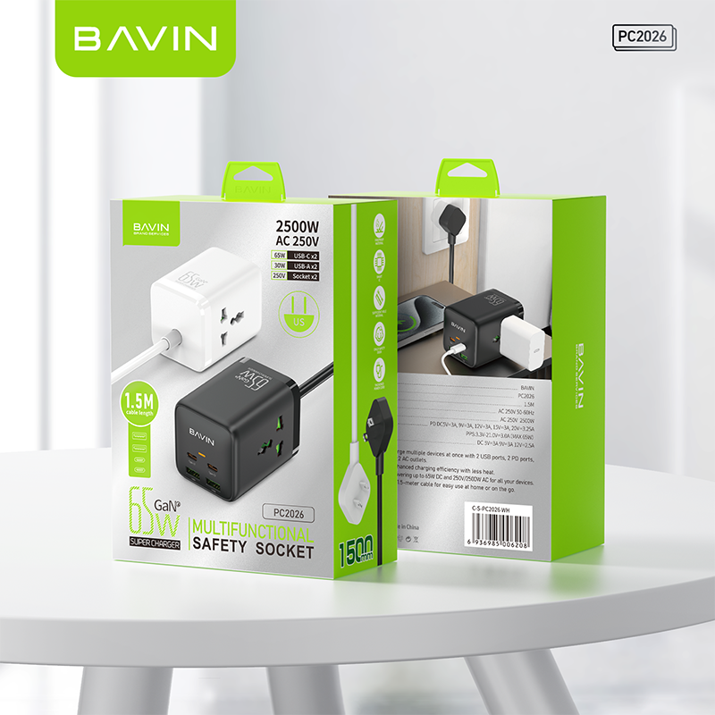 BAVIN PC2026 65W GaN Portable 6-in-1 Power Strip Bar Fast Charging ...